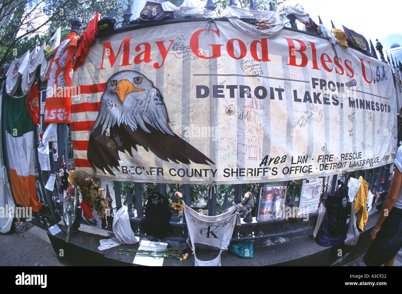 Display of messages, flags hanging on the railings surrounding the ...