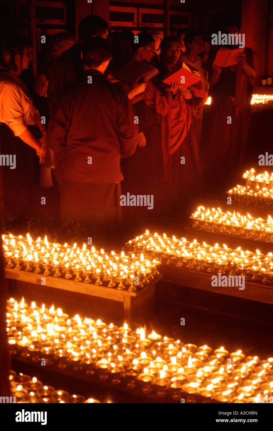 Tibetan Buddhist monks praying in a monastery in Nepal Stock Photo - Alamy