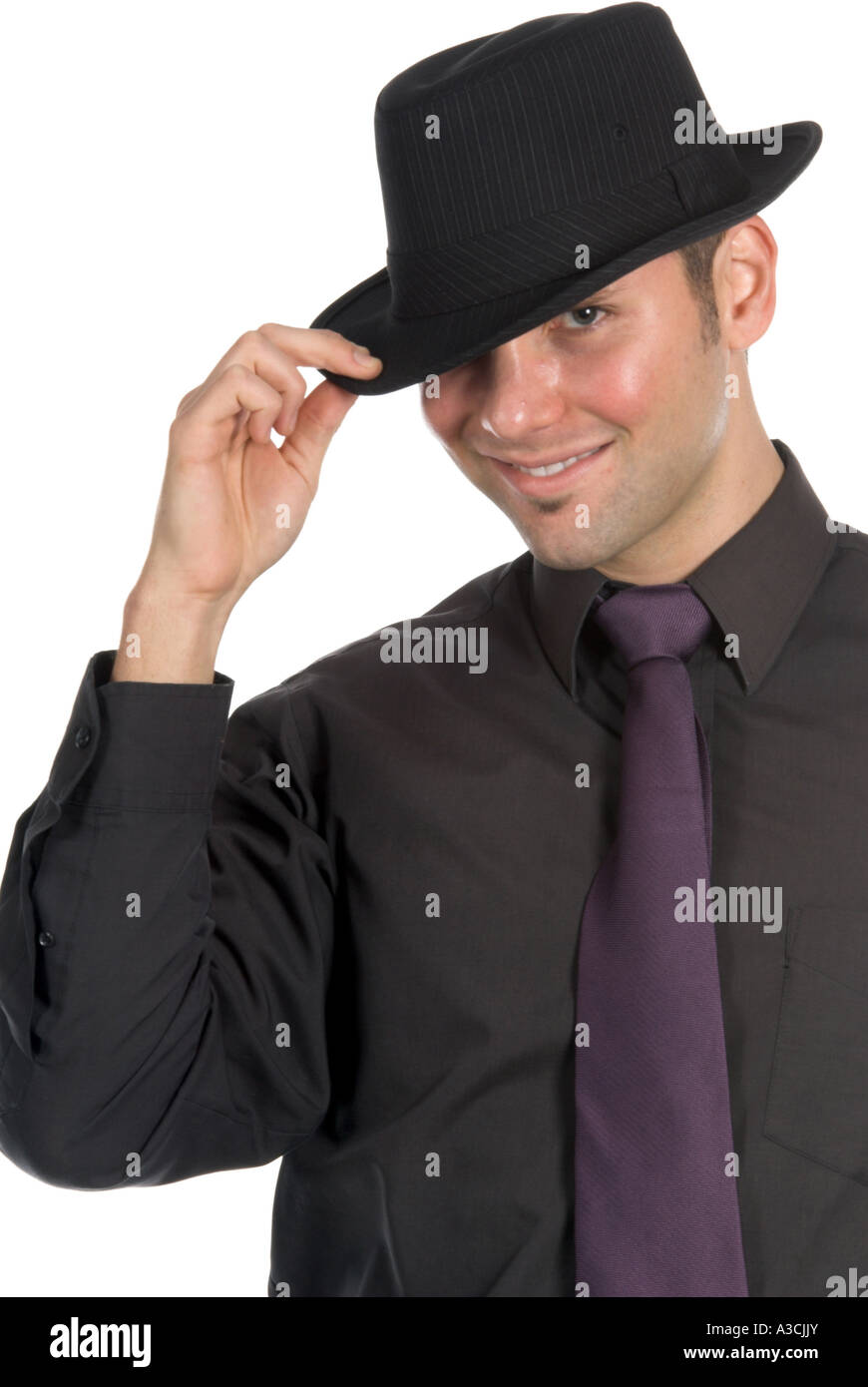 Salesman in business suit and a fedora Stock Photo - Alamy