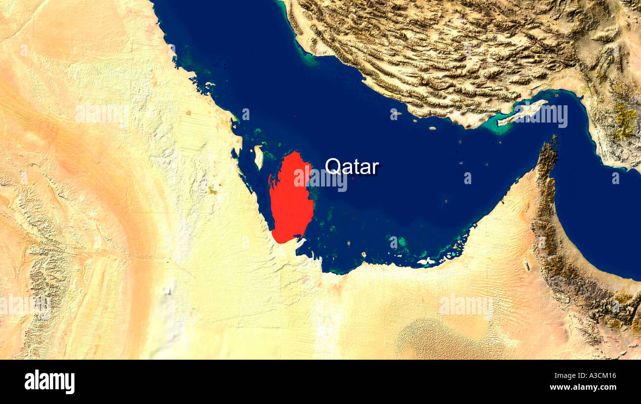 Satellite Image Of Qatar Highlighted Red Stock Photo - Alamy