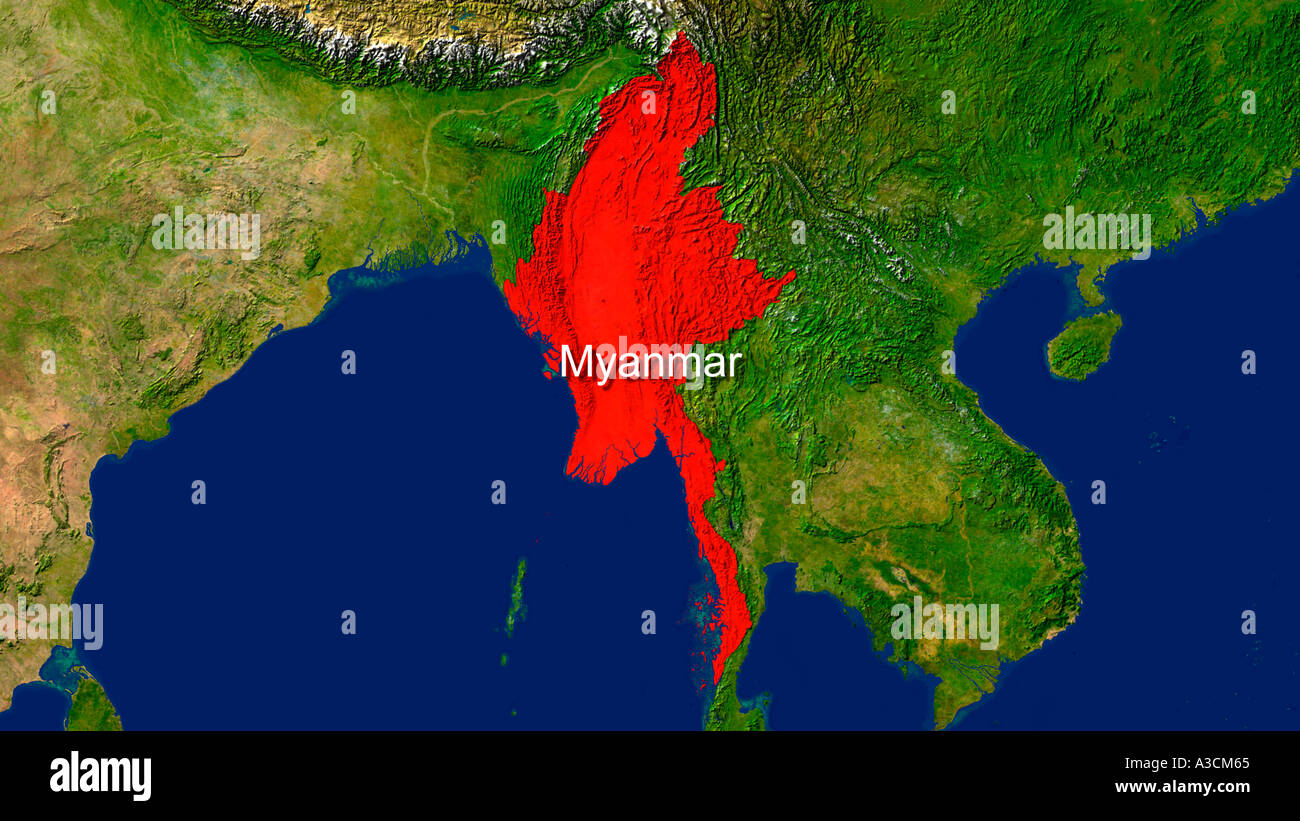 Satellite Image Of Myanmar Highlighted Red Stock Photo - Alamy