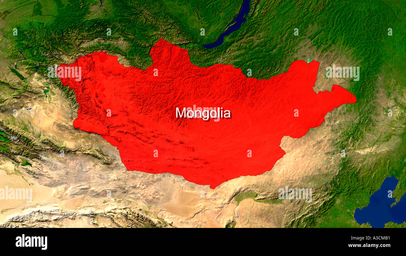 Satellite Image Of Mongolia Highlighted Red Stock Photo - Alamy