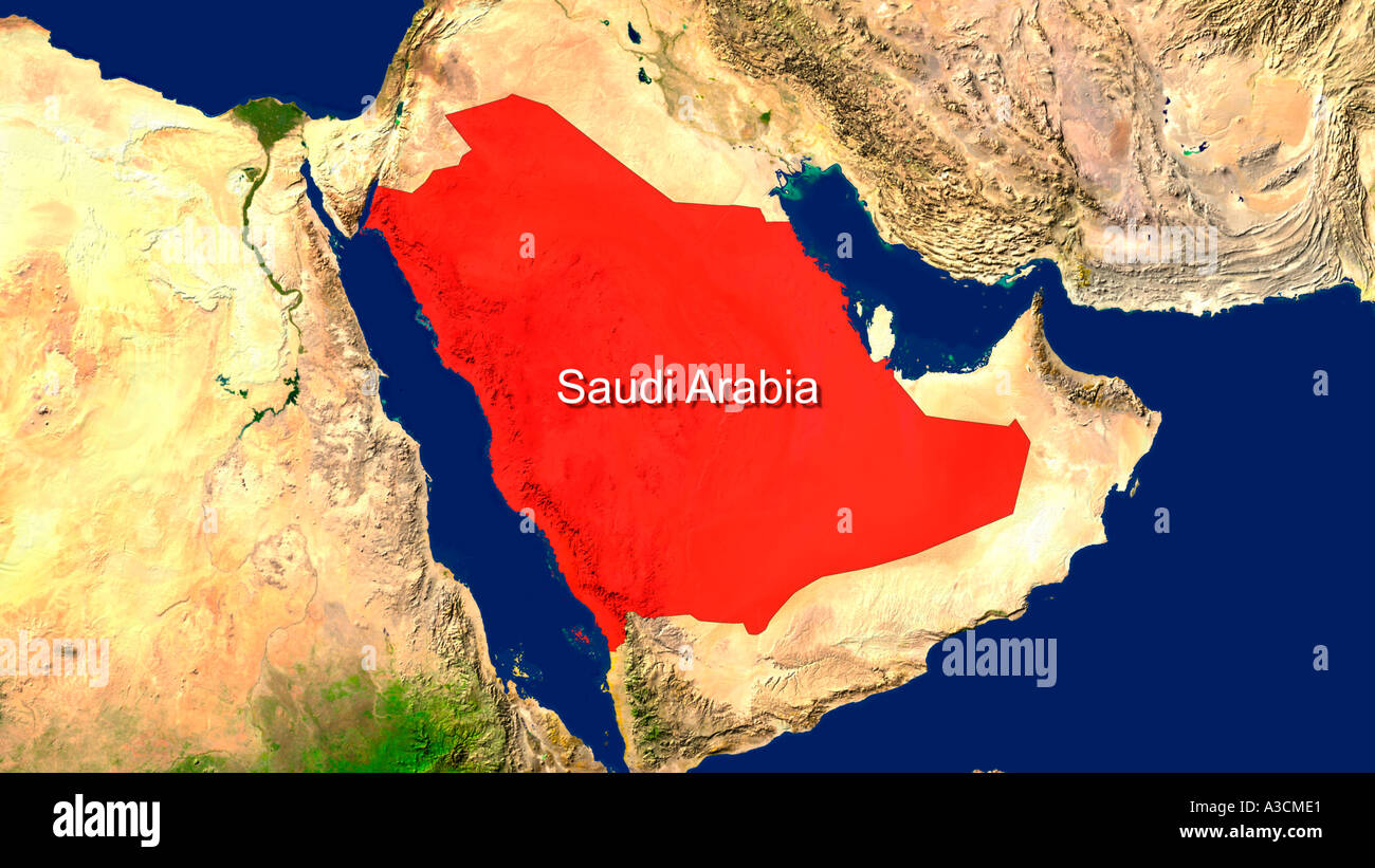 Satellite Image Of Saudi Arabia Highlighted Red Stock Photo - Alamy