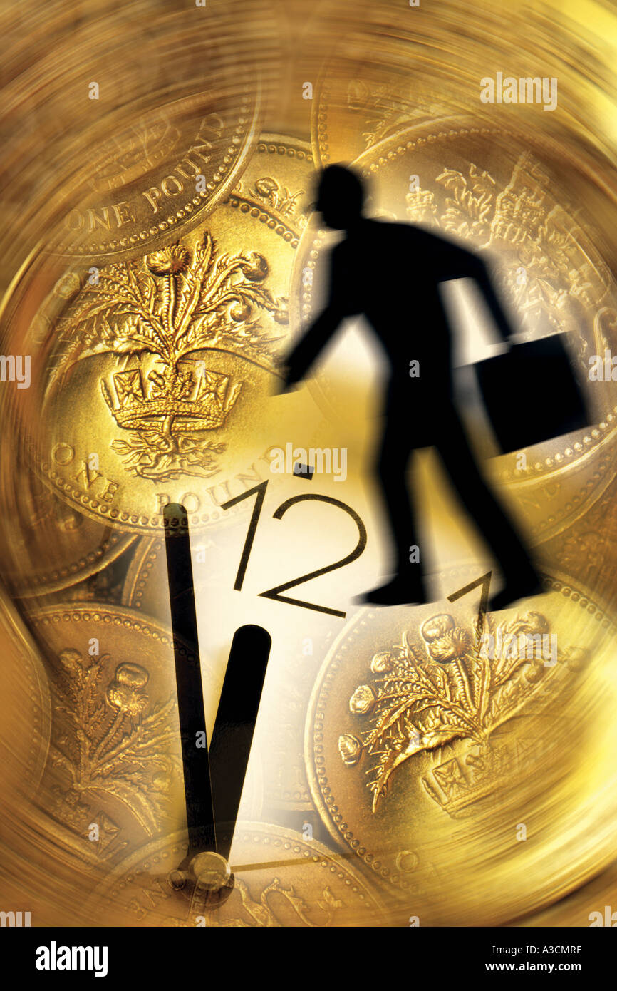 Businessman on clock face with Pound coins Stock Photo - Alamy