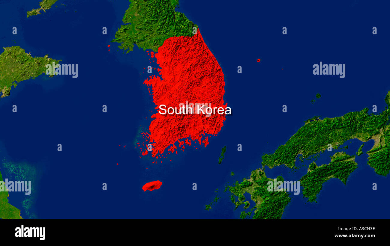 Satellite Image Of South Korea Highlighted Red Stock Photo - Alamy