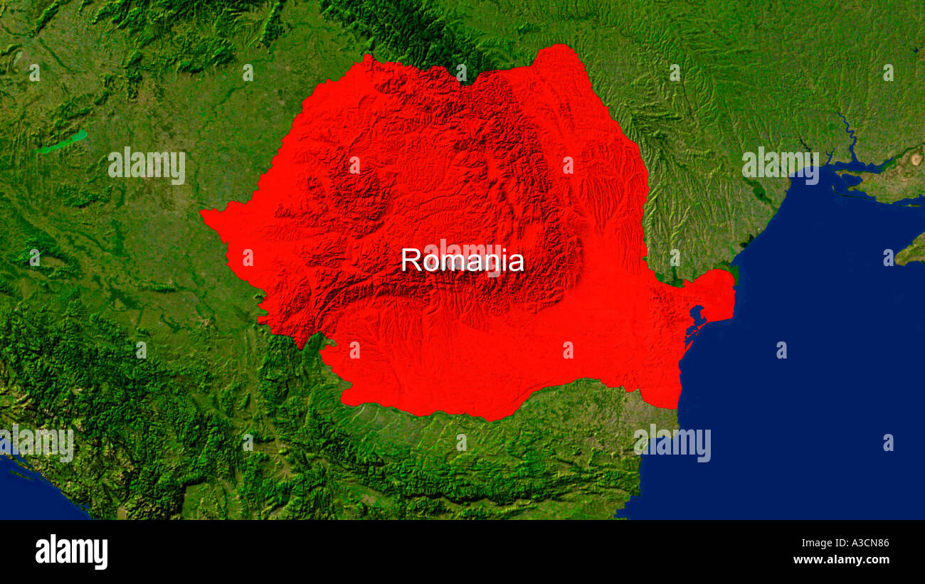 Satellite Image Of Romania Highlighted Red Stock Photo - Alamy
