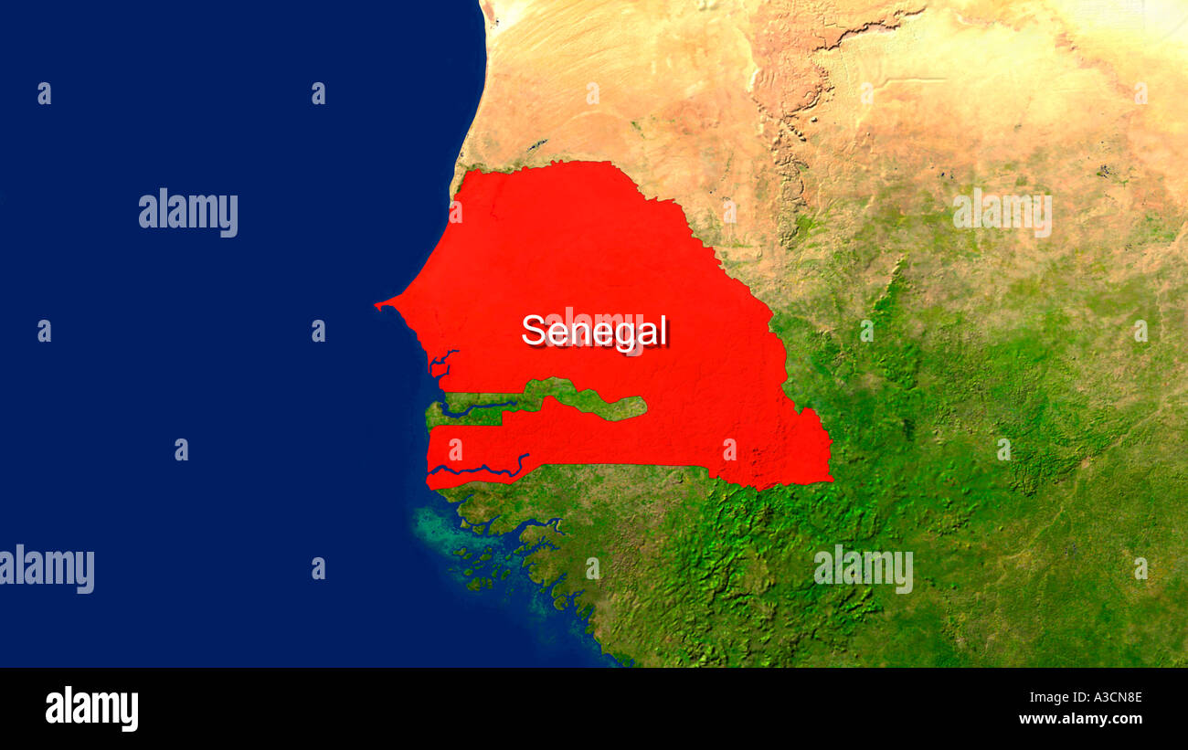 Satellite Image Of Senegal Highlighted Red With Text Stock Photo - Alamy