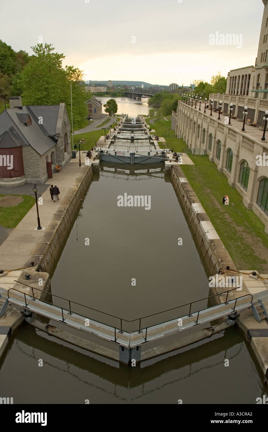 Canada Ontario Ottawa Rideau Canal lock gates view toward Ottawa River ...