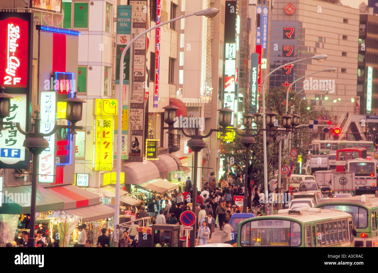 Asia Japan Tokyo Ginza busy street scene with lot of commercial signs ...