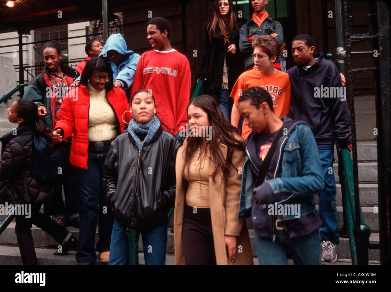 New York City high school students on the front steps of their school ...