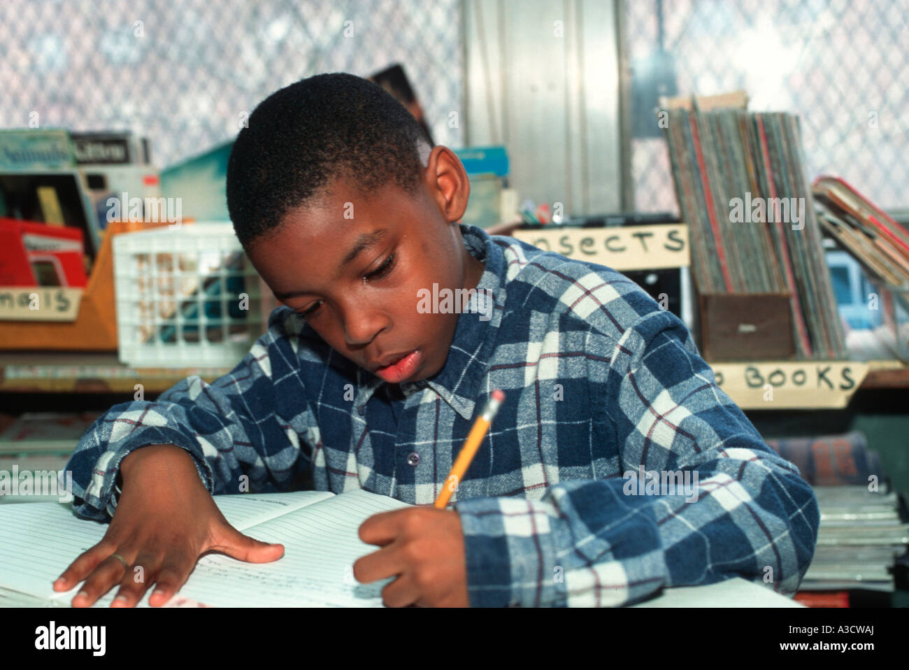 Elementary school student writing a story in class at a Brooklyn NY ...