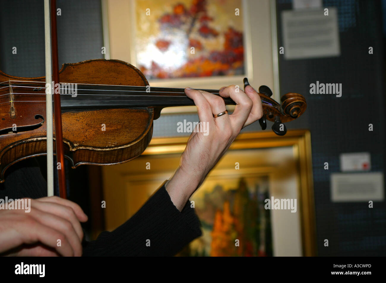 MUSICIAN entertaining at an art gallery show Stock Photo - Alamy