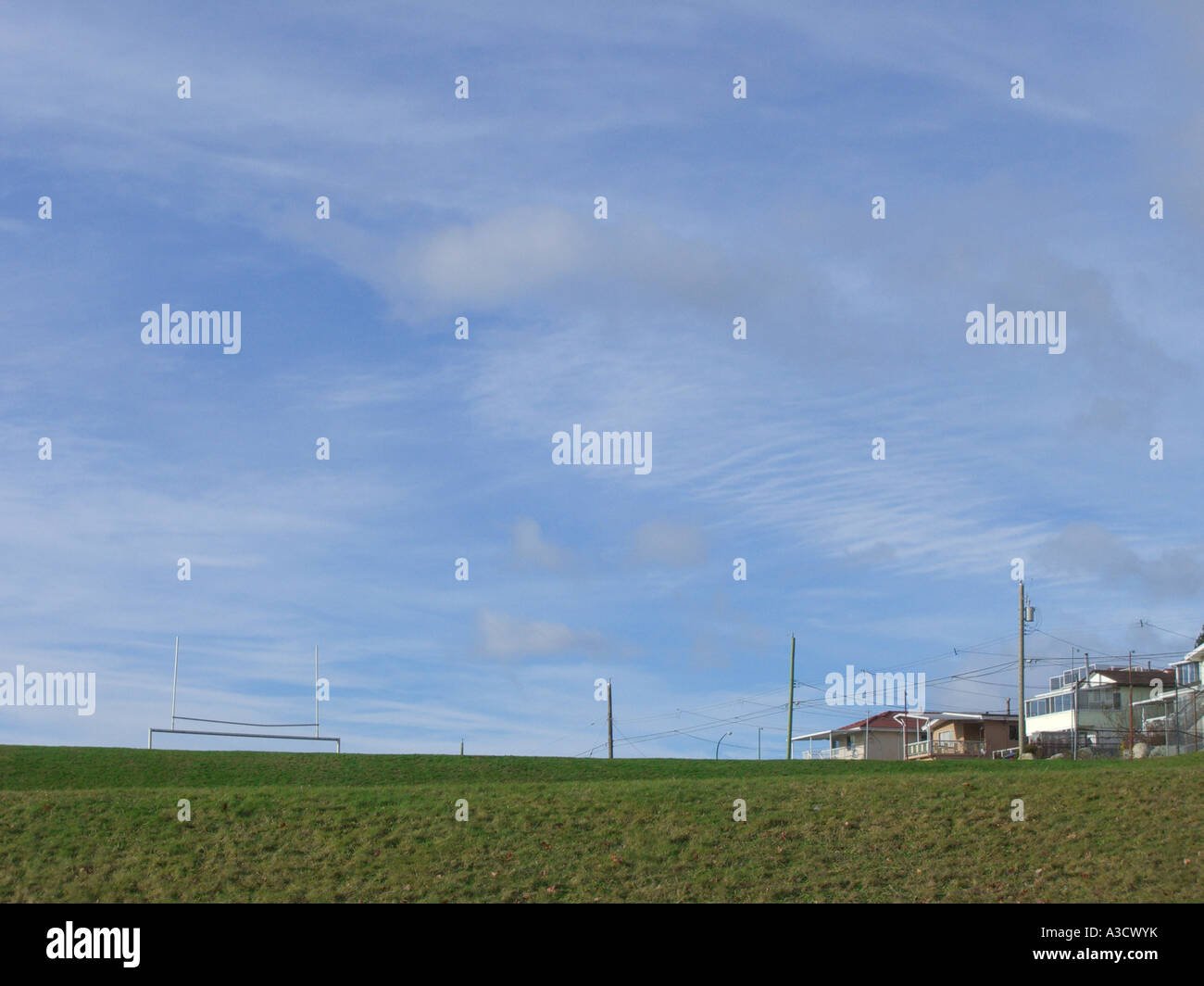 Grass playing field with goal posts, low angle view with adjacent ...