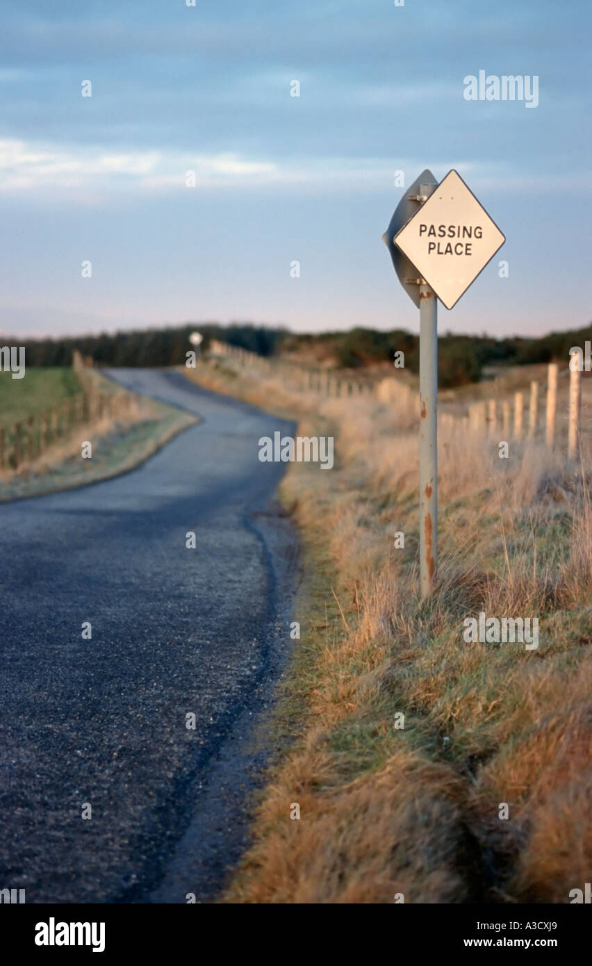 Passing place sign on a single track road in the Scottish Highlands ...