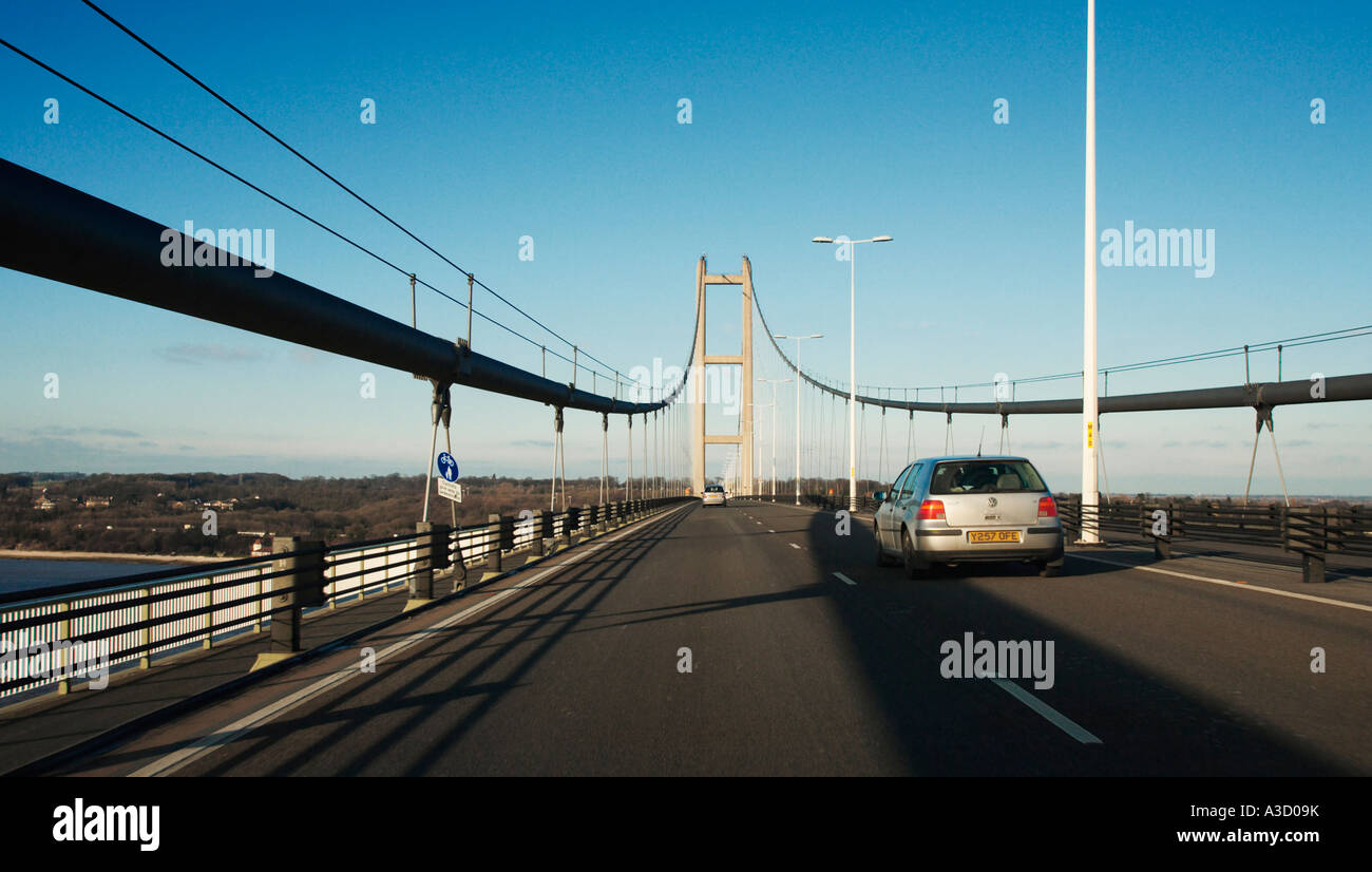 Driving over the Humber Suspension Bridge near Hull, Yorkshire, England ...