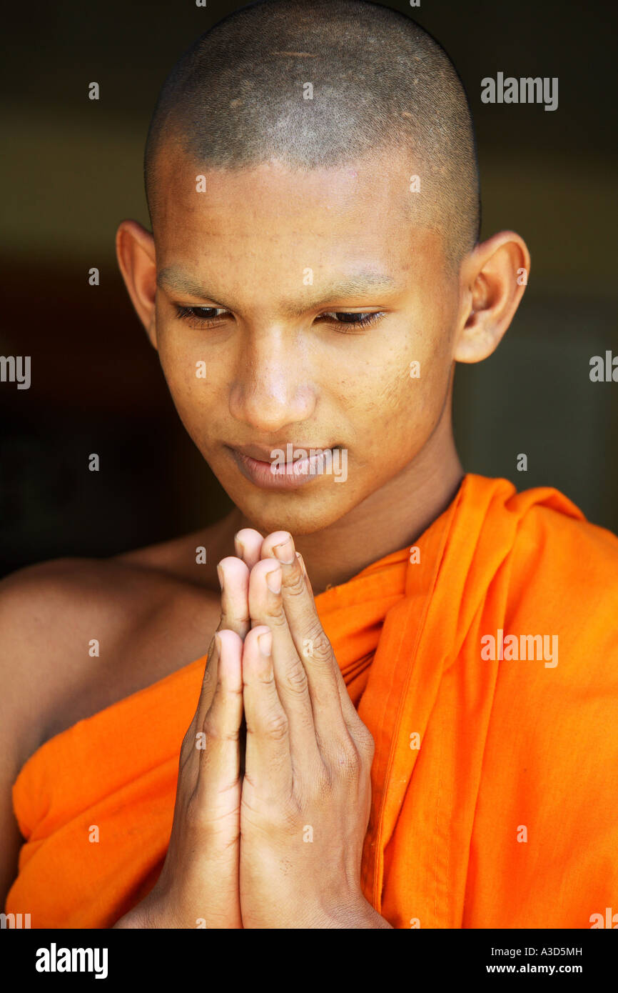 Close up portrait of young Buddhist monk in traditional orange robes ...