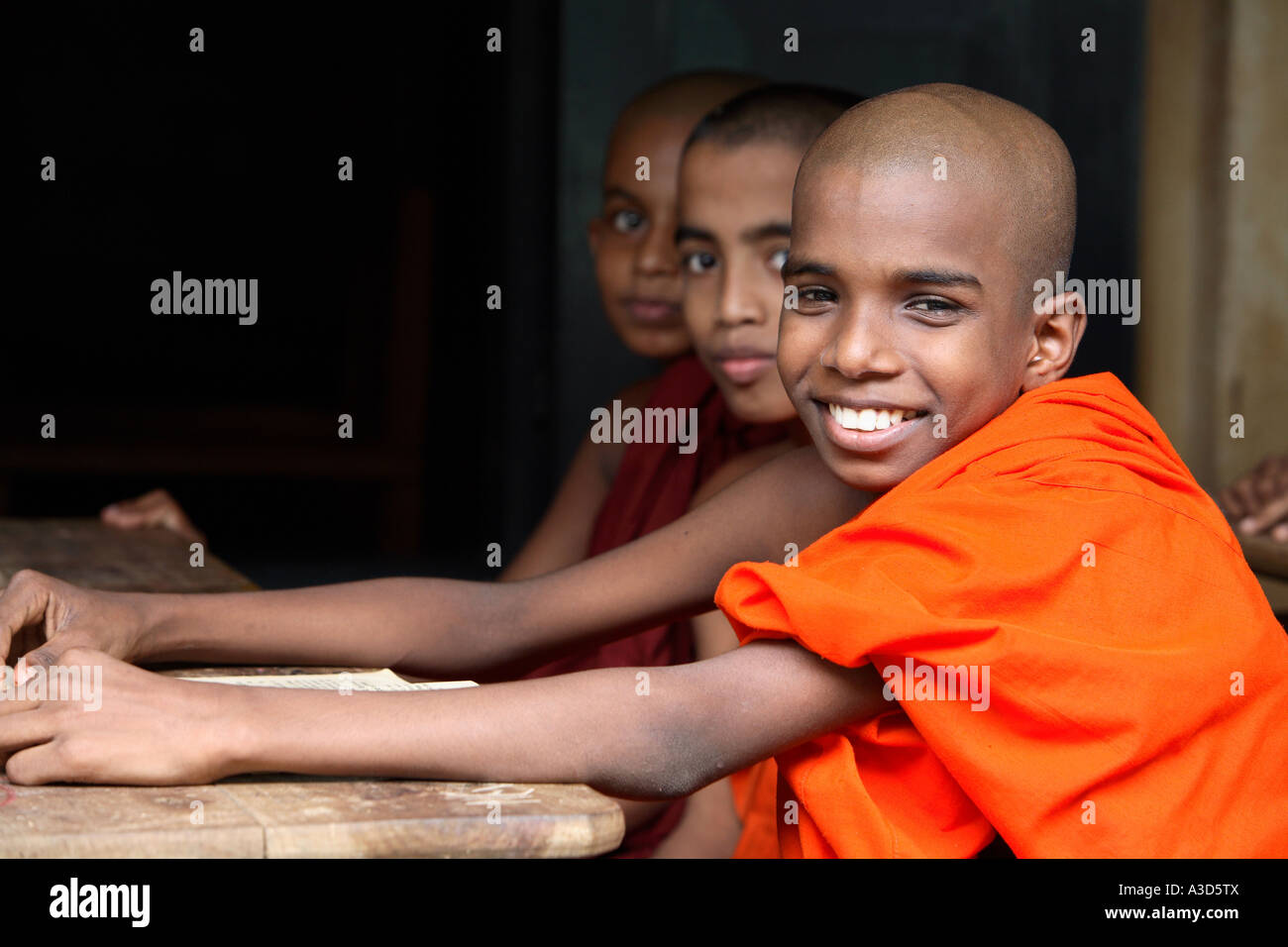 close up portrait of young student Buddhist monk in school at his desk ...