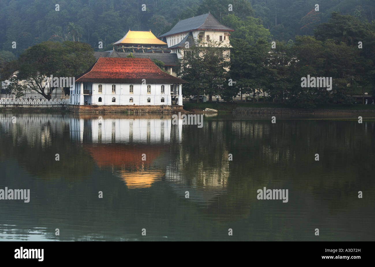 Horizontal early morning landscape of the Temple of the Tooth, on shore ...