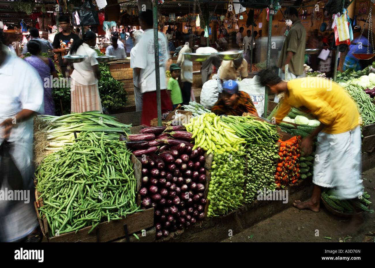 Horizontal landscape detail of Kandy Central market with colourful ...