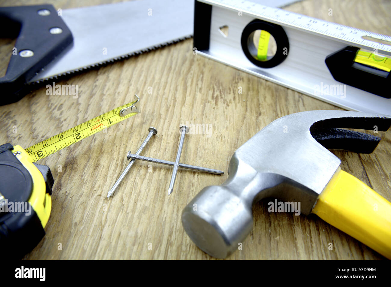 Carpenter tools on timber panel Stock Photo - Alamy
