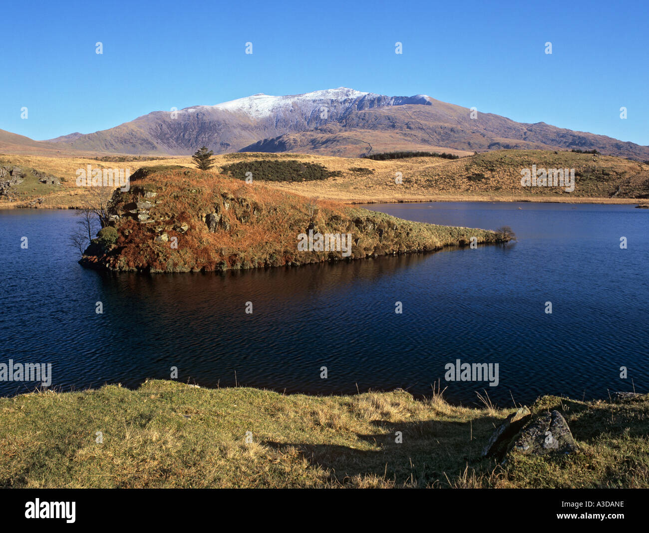 SNOWDON SUMMIT Yr Wyddfa from west across lake Llyn y Dywarchen in ...