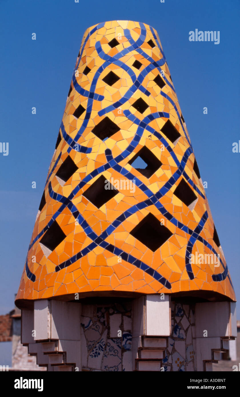 Closeup of a chimney on the roof of Palau Guell by Antoni Gaudi ...