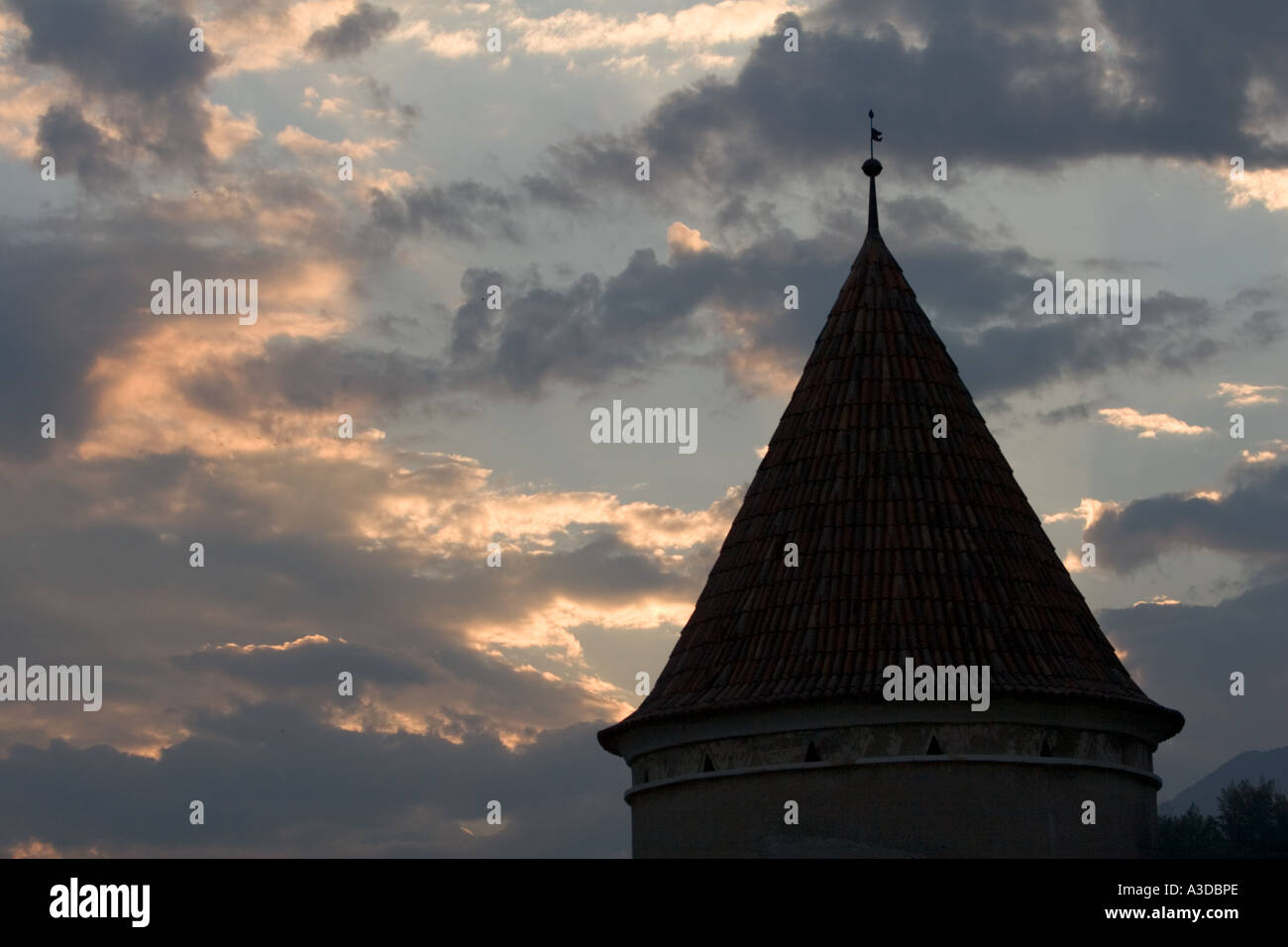 Castle turret at sunset. Castel Coldrano is also known as Schloss ...