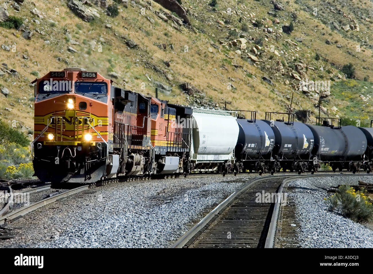 Loaded train stretches back from the engines curves up the canyon ...