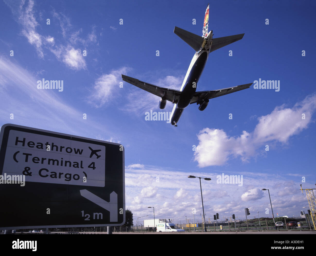 London Heathrow airport perimeter road with sign directing traffic to ...