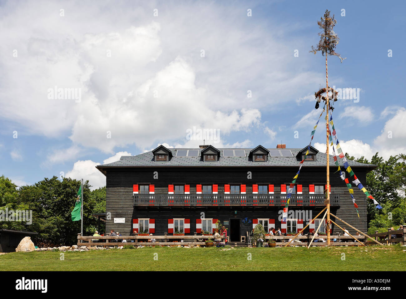 Maypole and mountain hut on the Peilstein, Lower Austria, Austria Stock ...