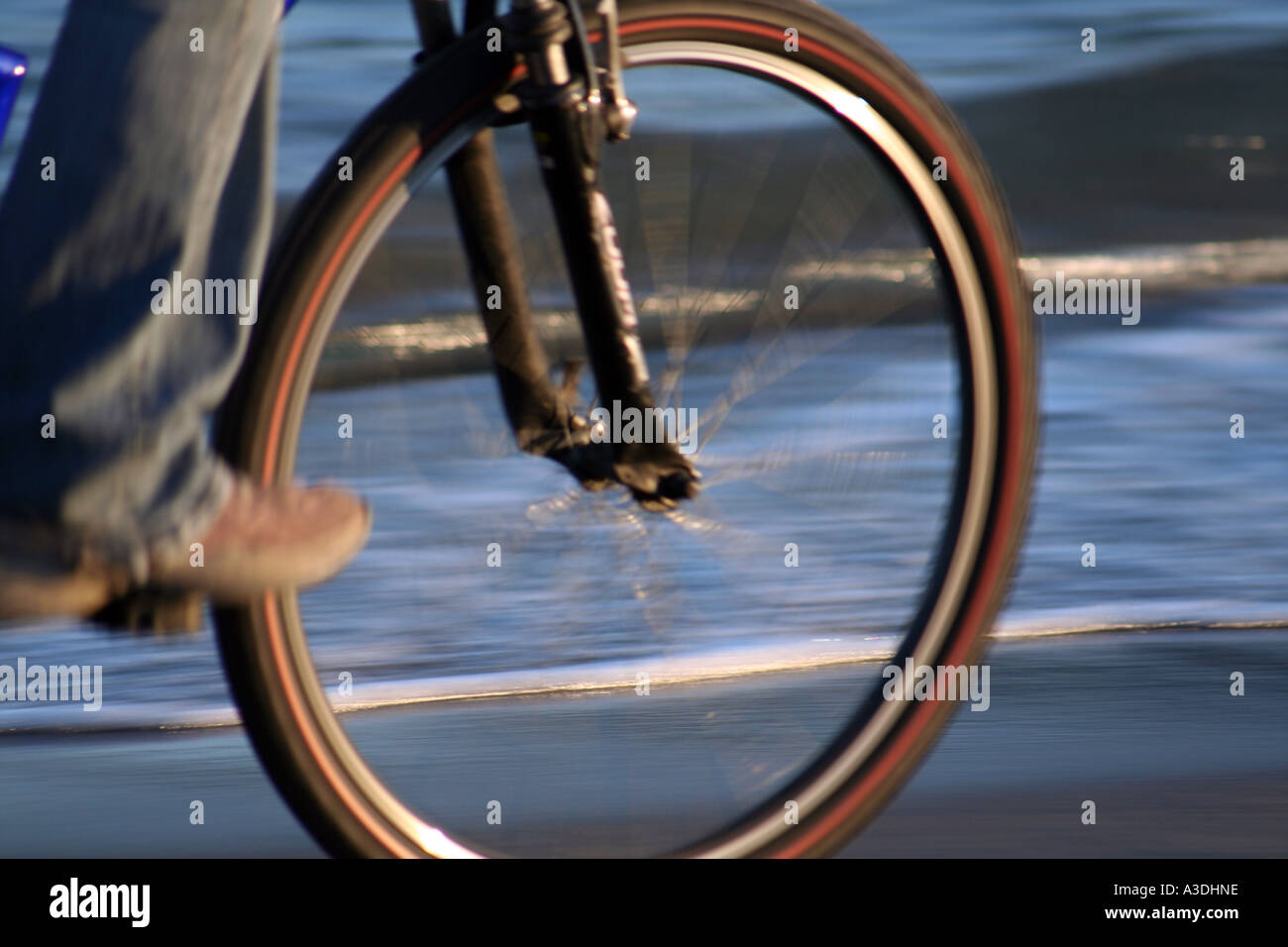 Fast moving bicycle wheel on the beach with sea background Stock Photo ...