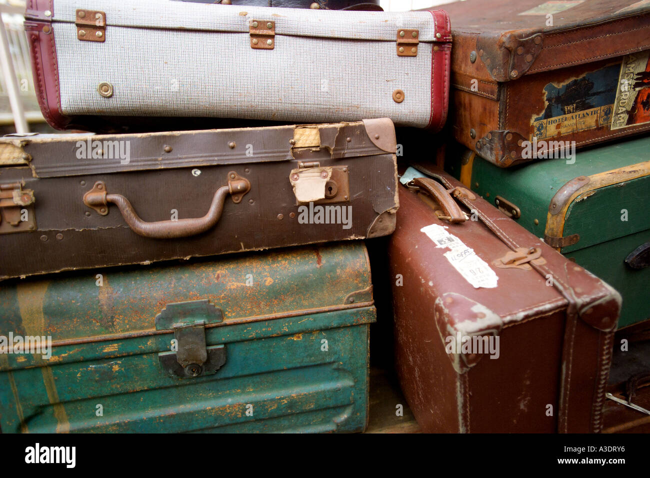 Victorian luggage stacked on a trolley at a train station, Vale Of ...