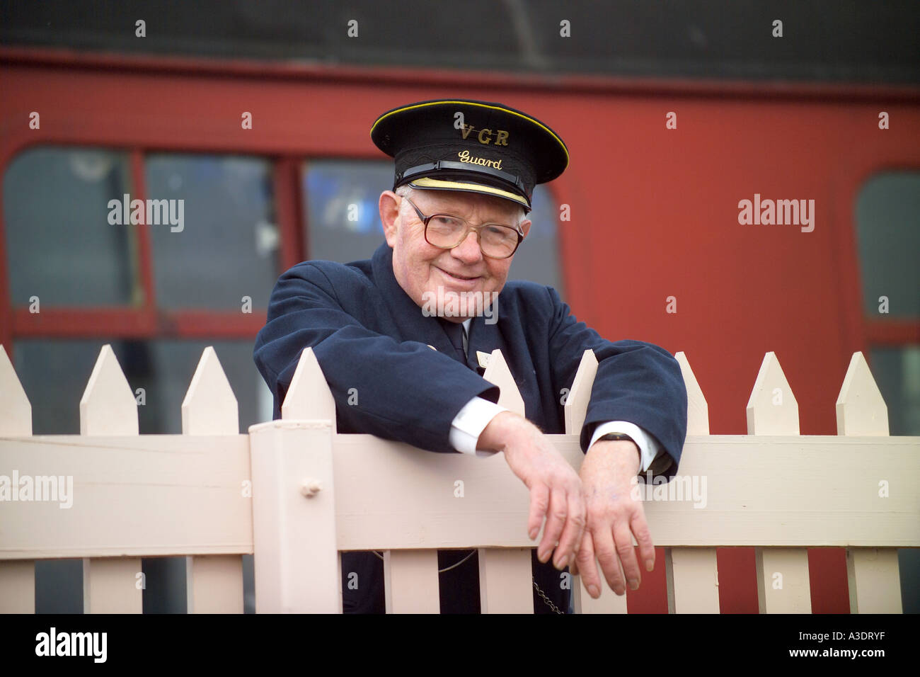 Victorian train guard at a historic train station, Vale Of Glamorgan ...