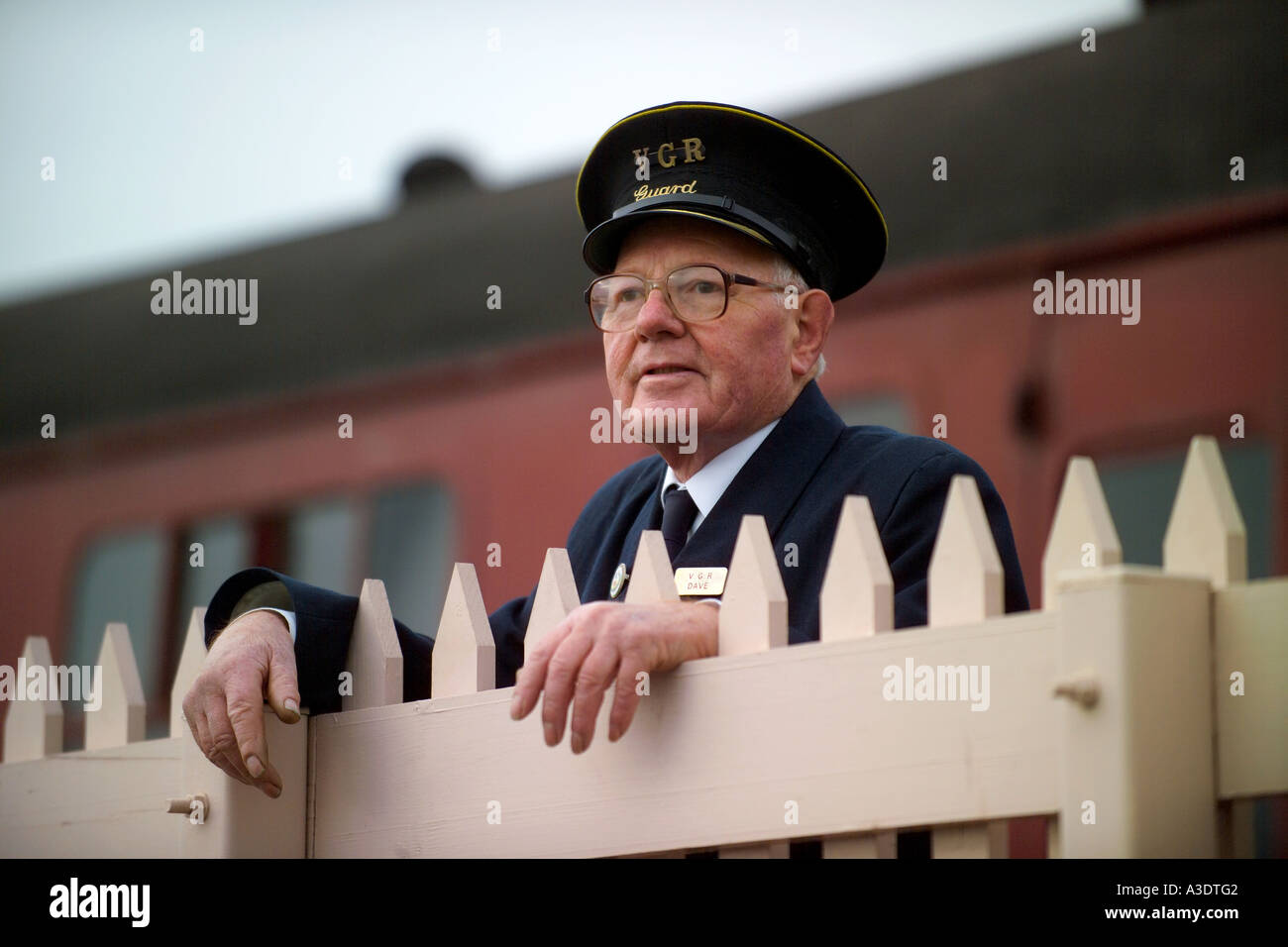 Victorian train guard at a historic train station, Vale Of Glamorgan ...