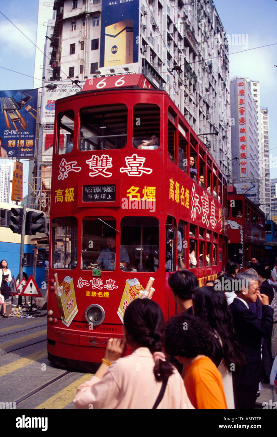 Red tramcar no. 66 in a crowded street, Hong Kong, China Stock Photo ...