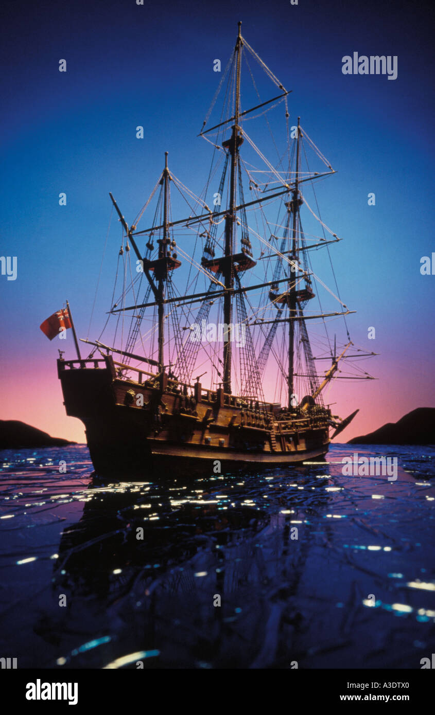 Model in a studio set of Captain Cook's sailing ship Endeavour Stock ...