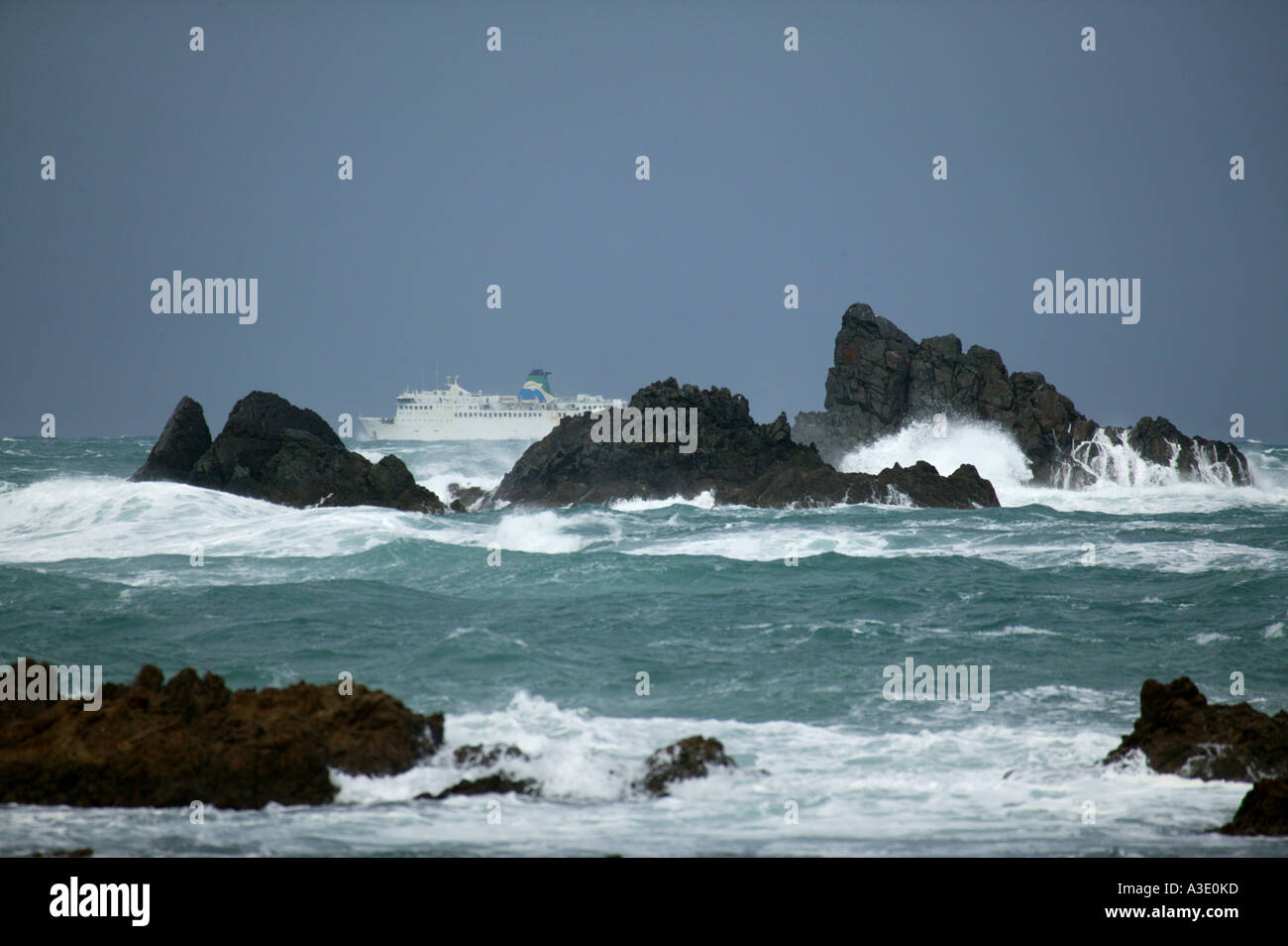 New Zealand, Cook Strait. Car ferry sailing in rough seas from S. to N ...