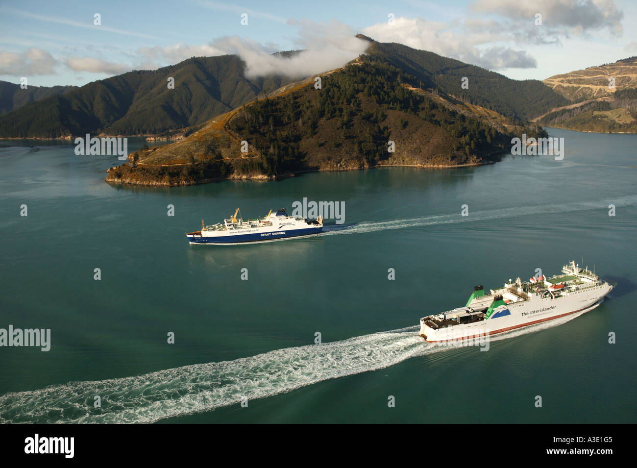 New Zealand, Marlborough Sounds, S. Island, two Cook Strait car ferries ...