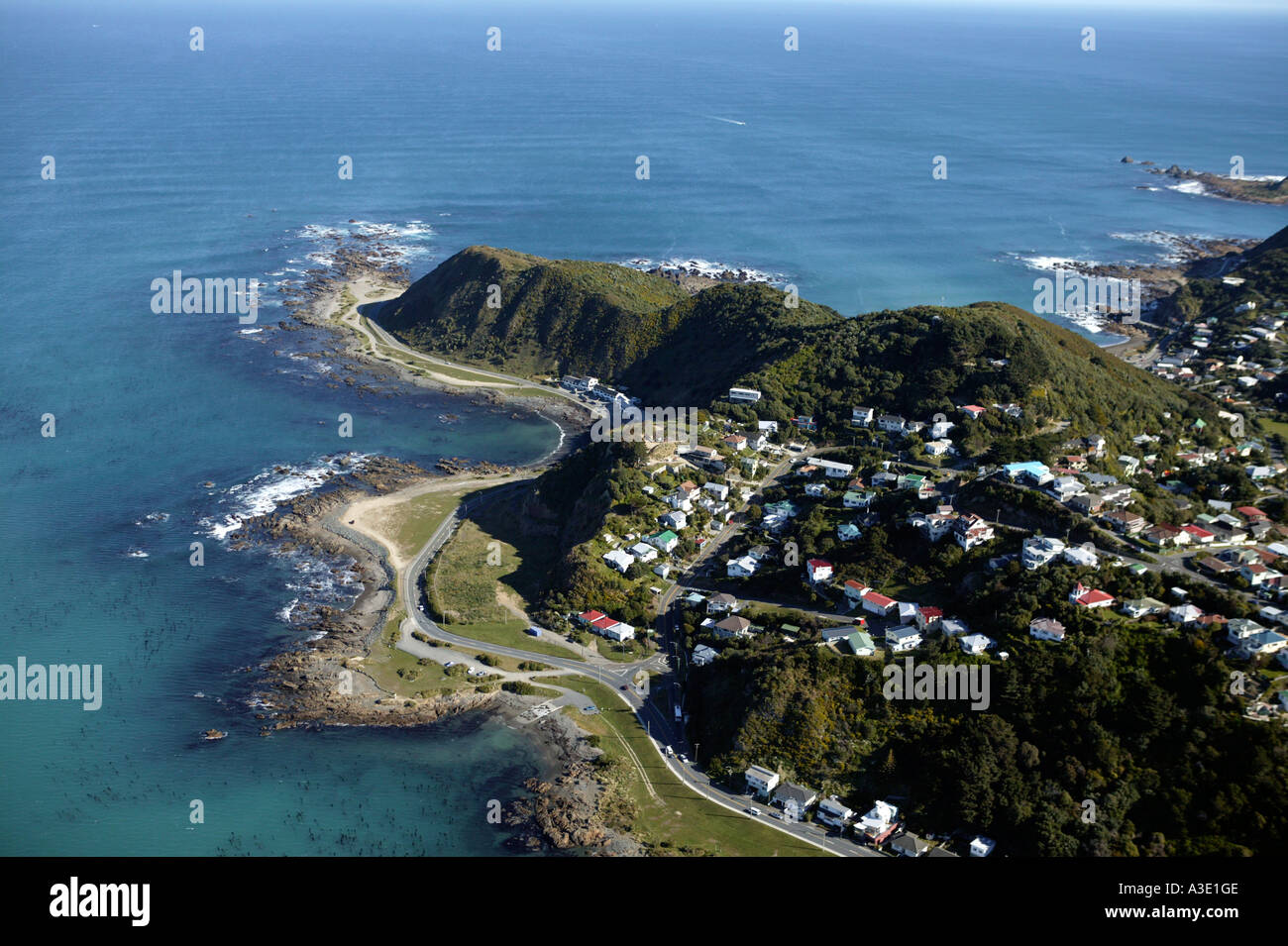 New Zealand, Wellington. Aerial view of coastal road and houses Stock ...