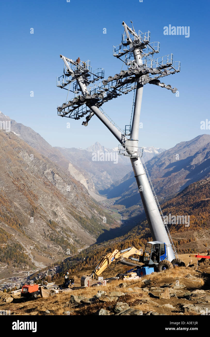 Erection of a pylon of an aerial lift, Zermatt, Valais, Switzerland ...
