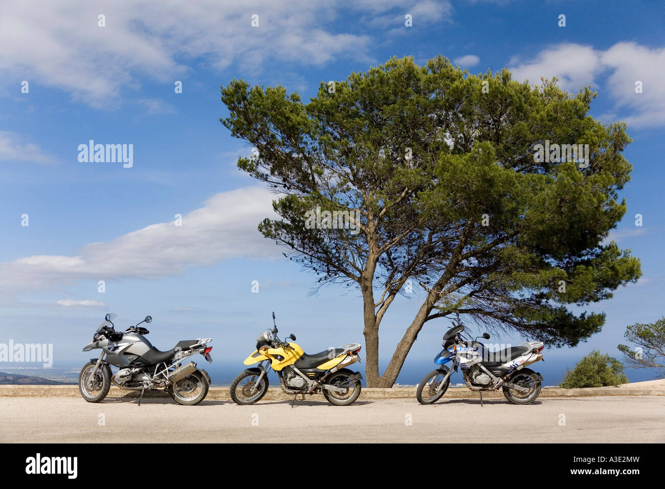 Three motorcycles on a hill near Felanitx, Majorca, Balearic Islands ...
