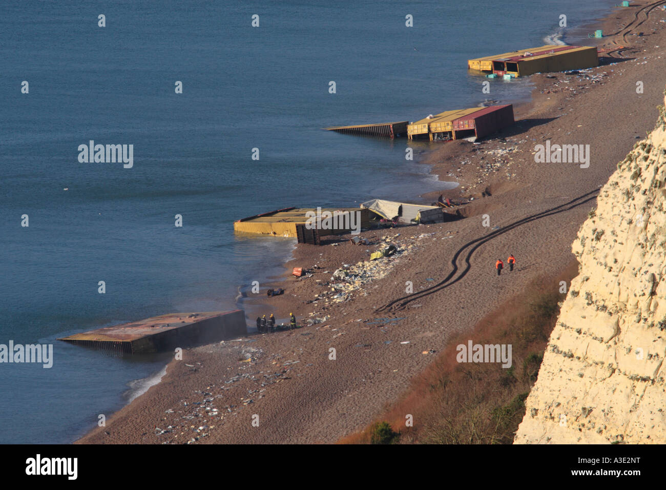 Branscombe Beach Devon UK pollution and smashed shipping containers ...