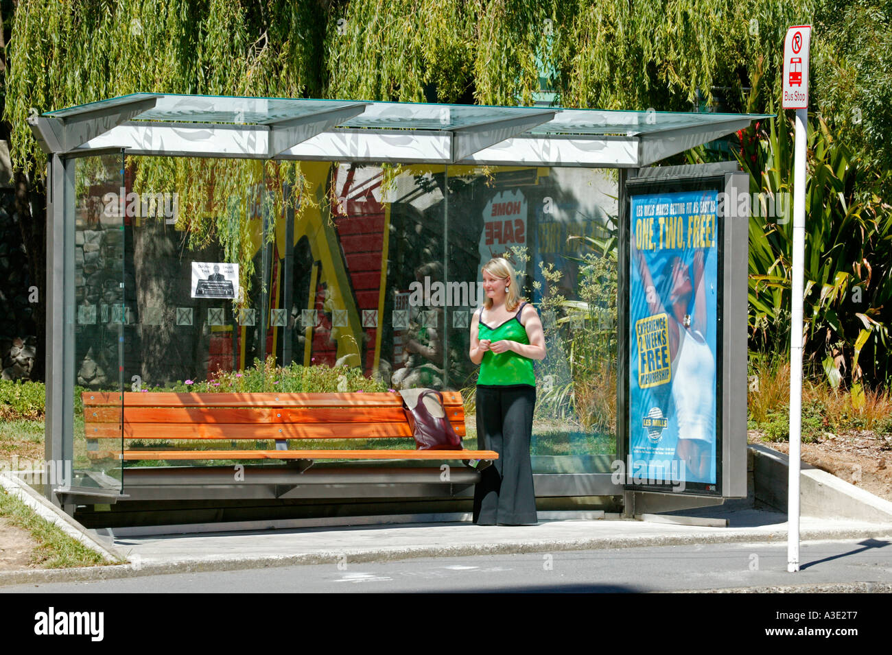 Young woman waiting at bus stop, with willows trees behind bus shelter ...