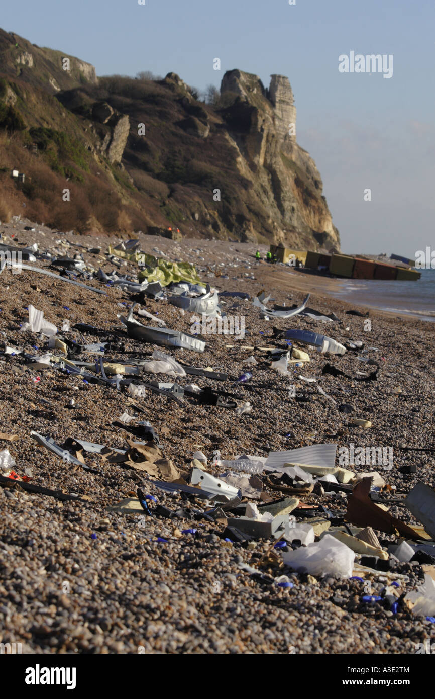 Branscombe Devon pollution and debris from wrecked containers washed up ...