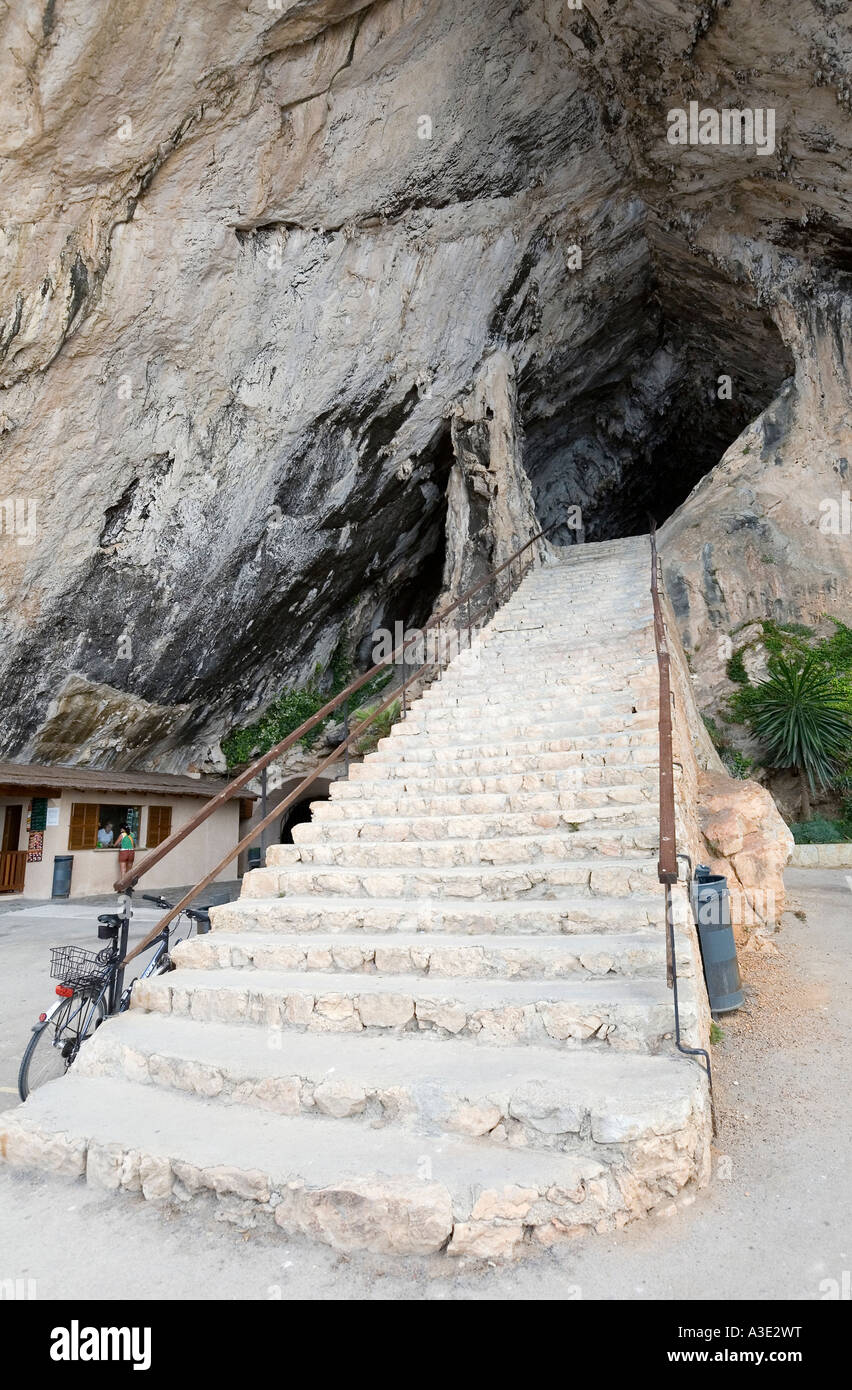 Stairs to the entry of the caves, Coves d Arta, near Arta, Majorca ...