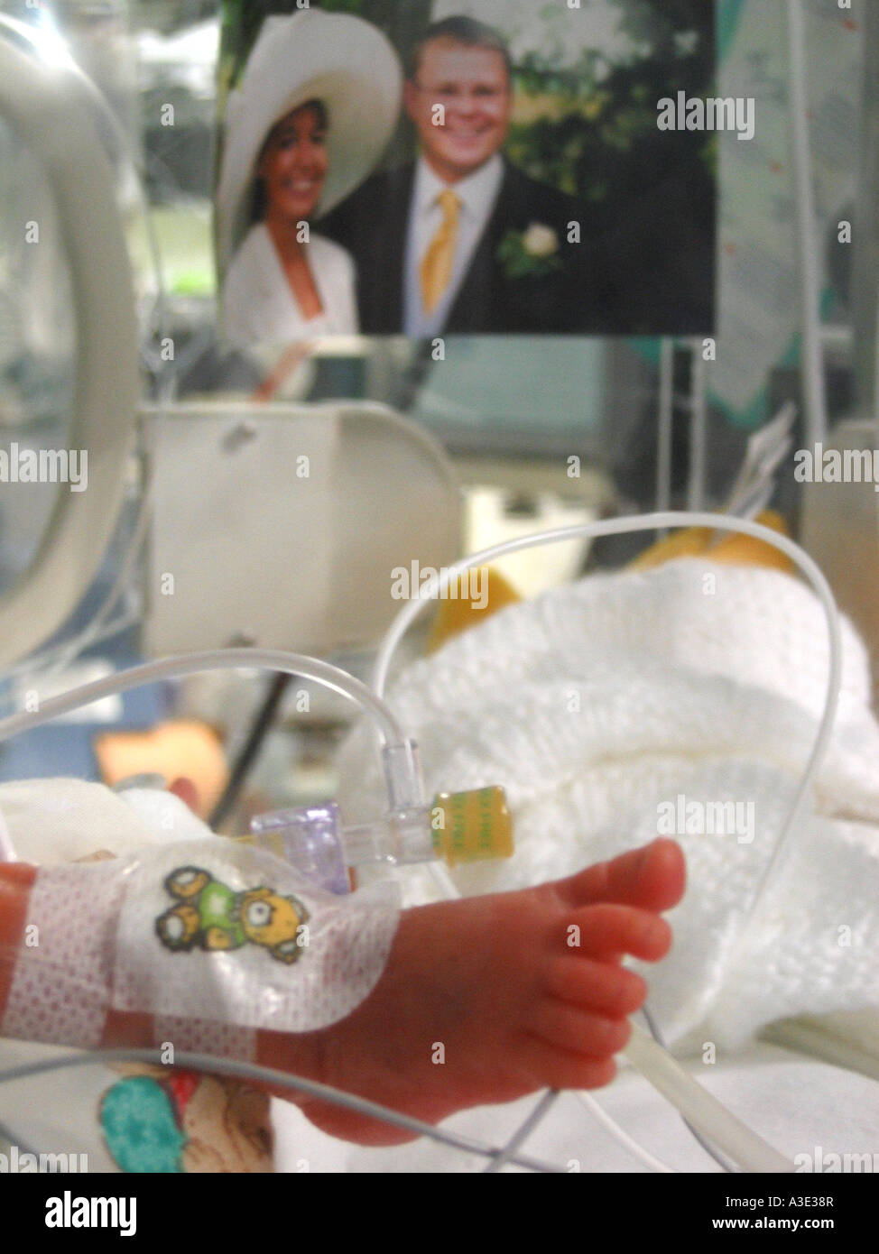 Foot and cannula of premature baby boy in an incubator with photograph ...