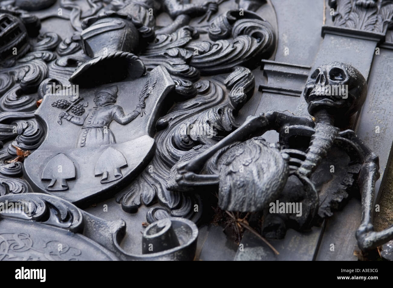 Detail of a tomb-plate, skeleton, heraldic sign, Johannis-Cemetery ...