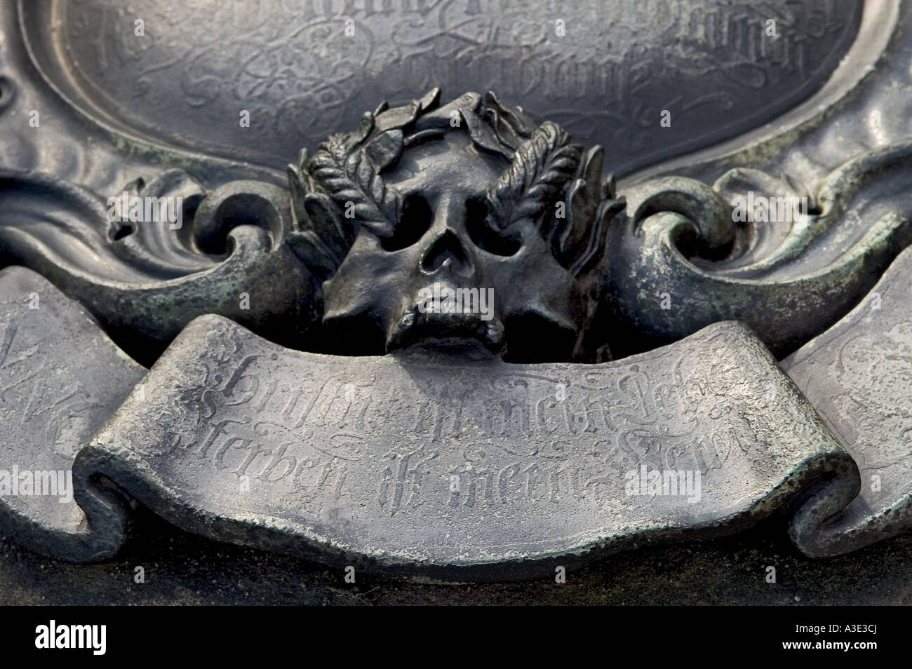 Detail of a tomb-plate, skull and leaves, metalwork, Johannis-Cemetery ...