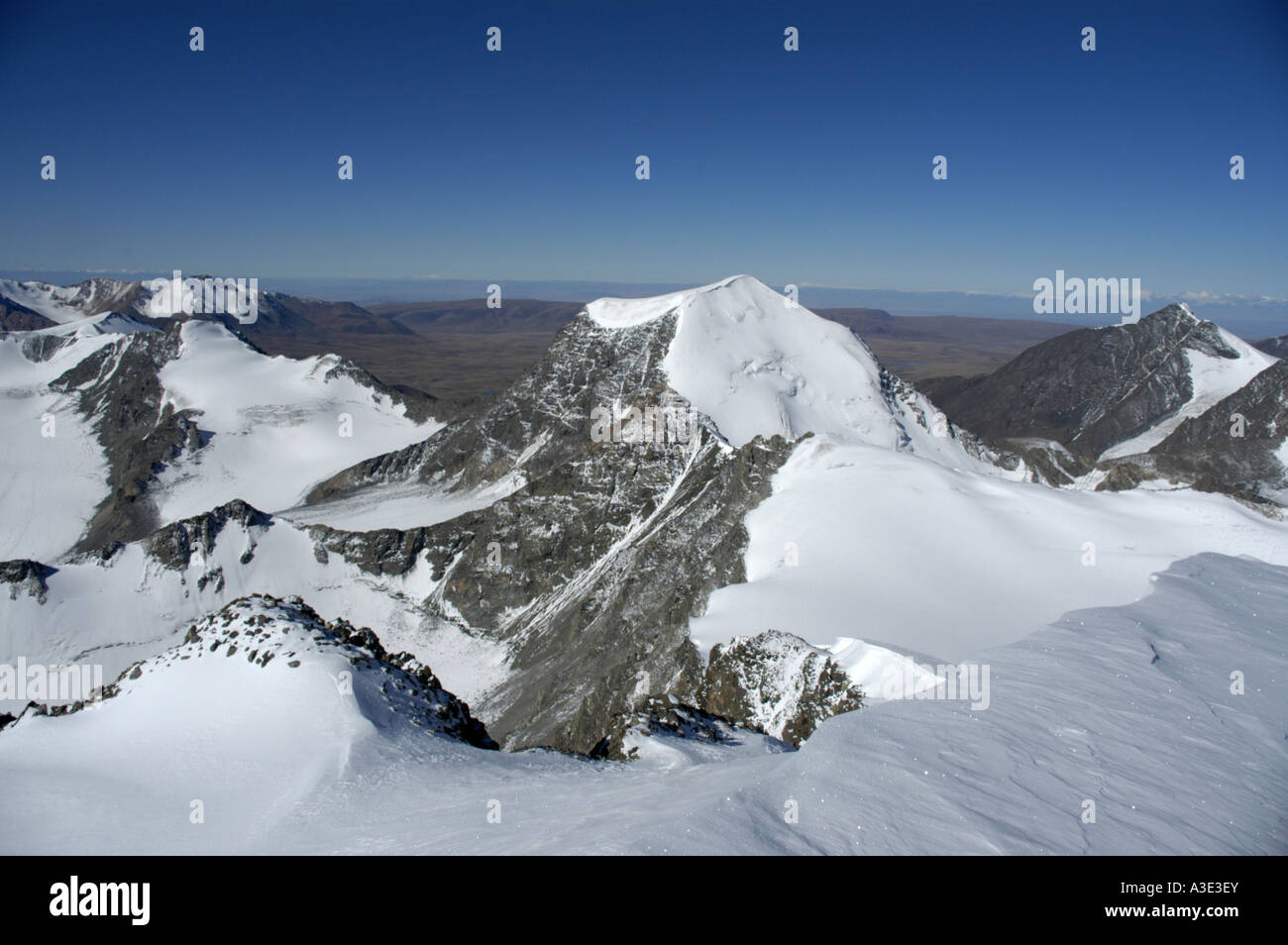 Glaciers and mountain peaks in the mountain scenery of Turgen Uul ...