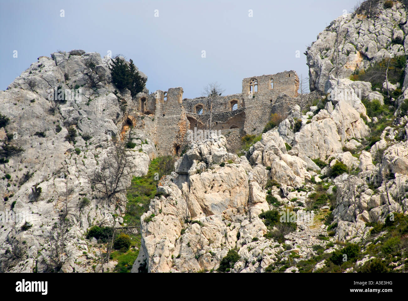 Ruin of crusaders castle St. Hilarion surrounded by rocks North Cyprus ...